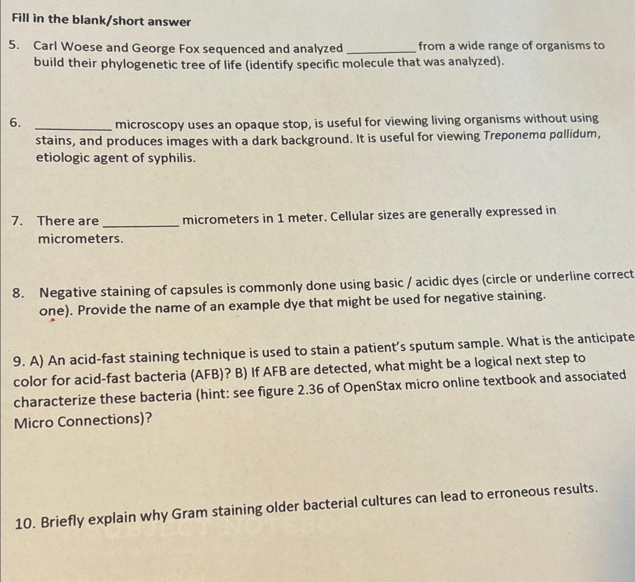 Solved Fill in the blank/short answer5. ﻿Carl Woese and | Chegg.com
