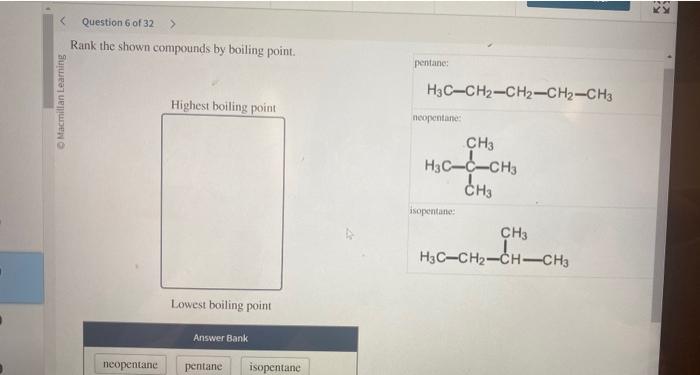 Solved Rank the shown compounds by boiling point. pentane: | Chegg.com