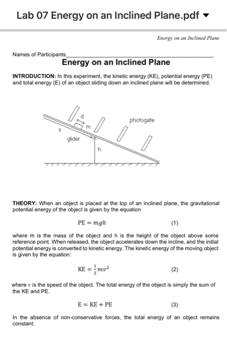 Solved Lab 07 Energy on an Inclined Plane.pdf Energy on an | Chegg.com