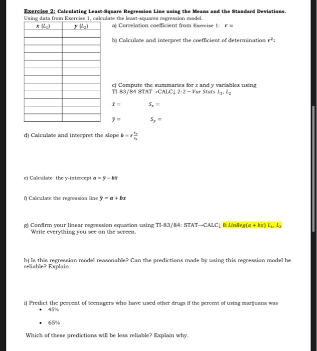 Solved Exercise 2: Calculating Least-Square Regression Line | Chegg.com