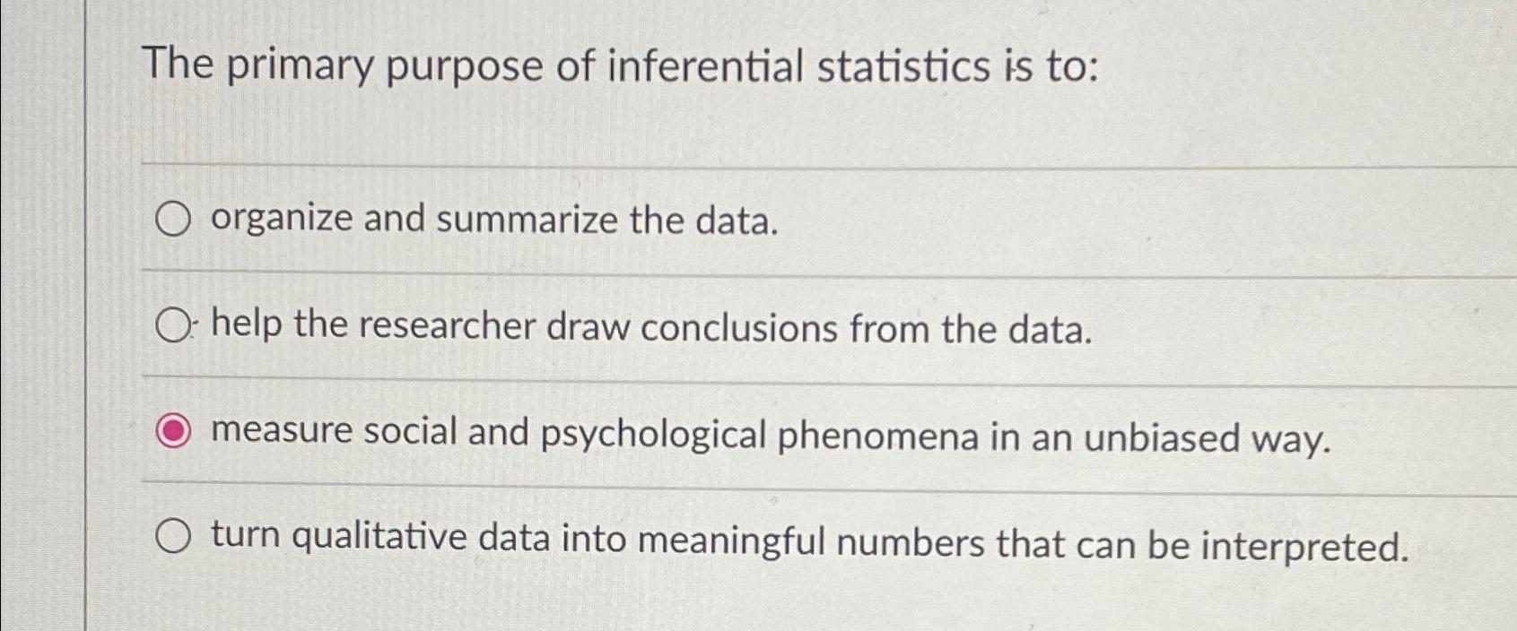Solved The primary purpose of inferential statistics is | Chegg.com