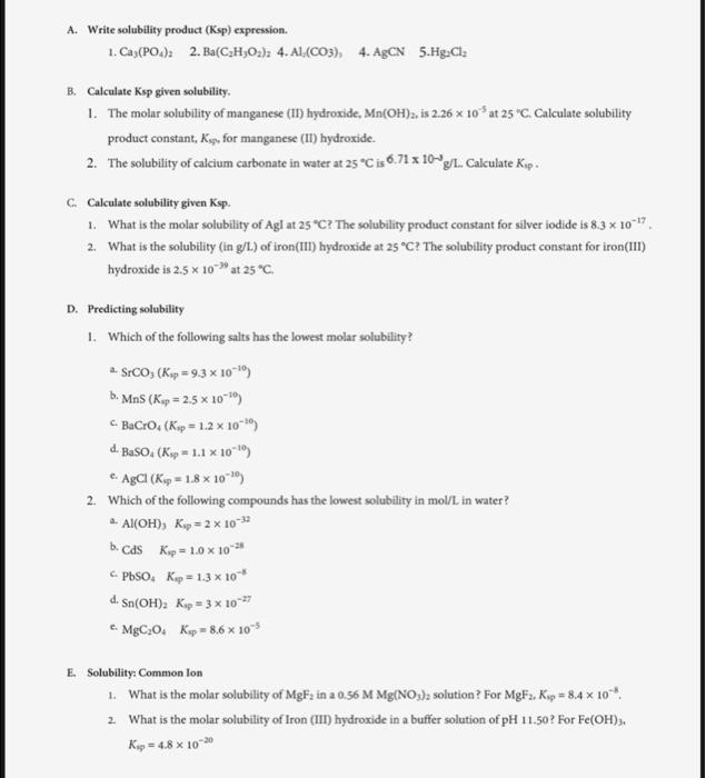 Solved A. Write solubility product (Ksp) expression. 1. | Chegg.com
