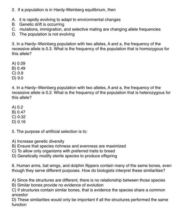 Solved 2. If a population is in Hardy-Weinberg equilibrium, | Chegg.com