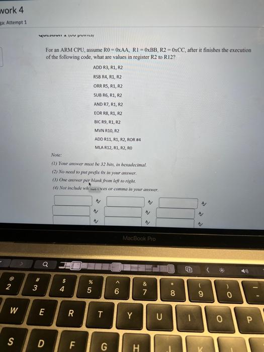 Solved For an ARMCPU, assume R0=0xAA,R1=0xBB,R2=0xCC, after | Chegg.com