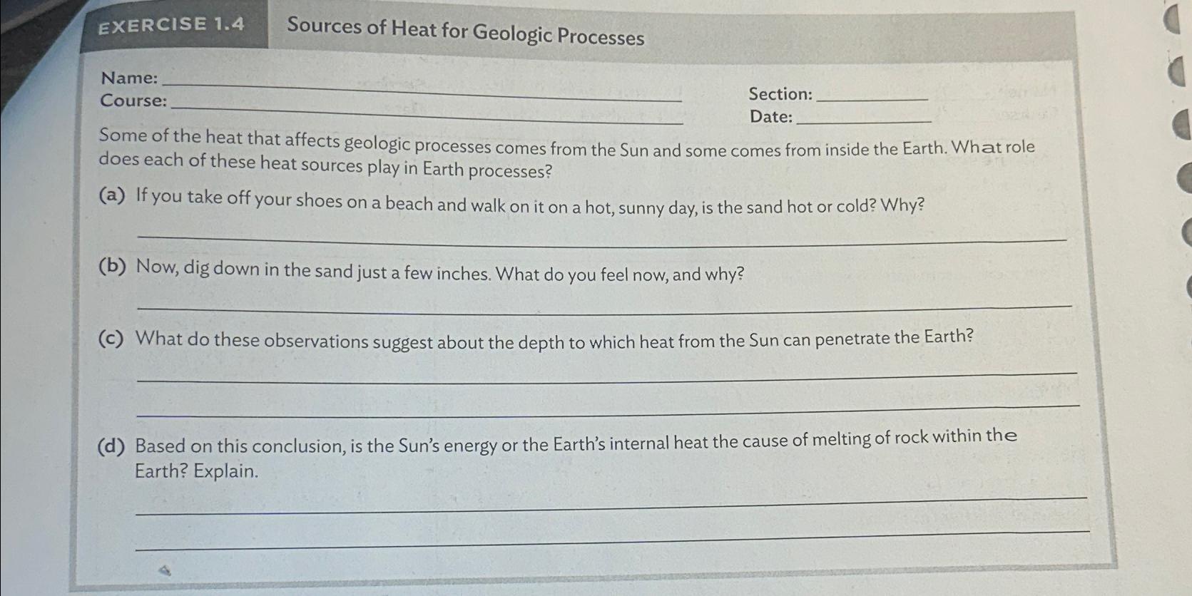 Solved EXERCISE 1.4Sources of Heat for Geologic | Chegg.com