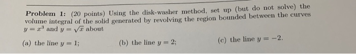 Solved Problem 1: (20 points) Using the disk- washer method, | Chegg.com