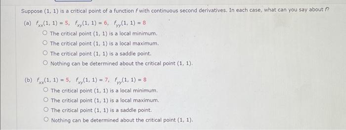 Solved Suppose (1, 1) is a critical point of a function f | Chegg.com