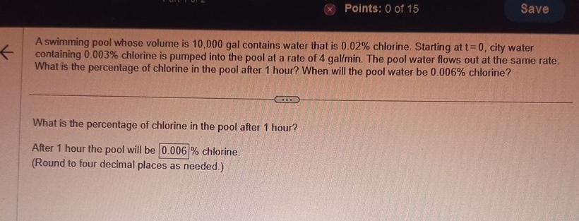 Solved Points: 0 ﻿of 15SaveA swimming pool whose volume is | Chegg.com