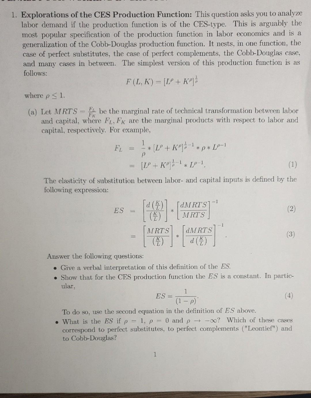 Solved 1. Explorations of the CES Production Function: This | Chegg.com