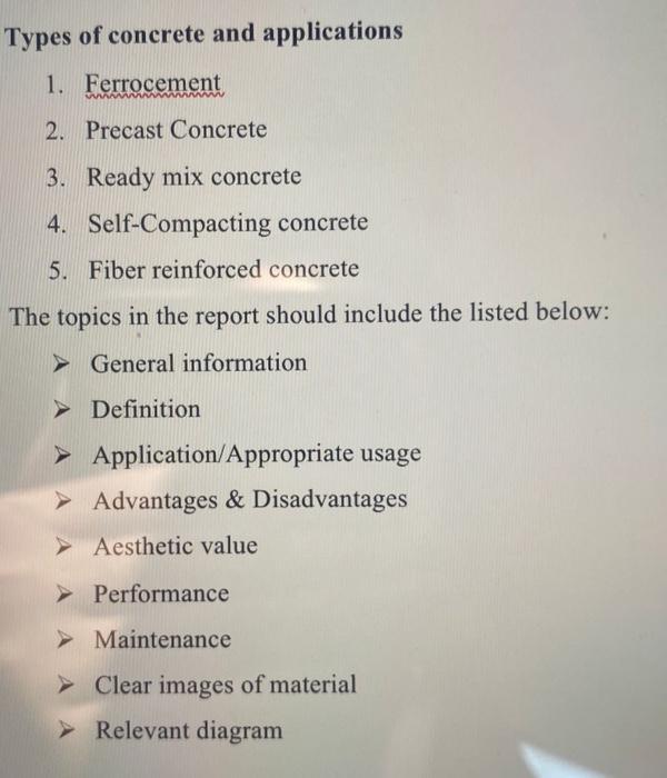 Solved Types of concrete and applications 1. Ferrocement 2. | Chegg.com