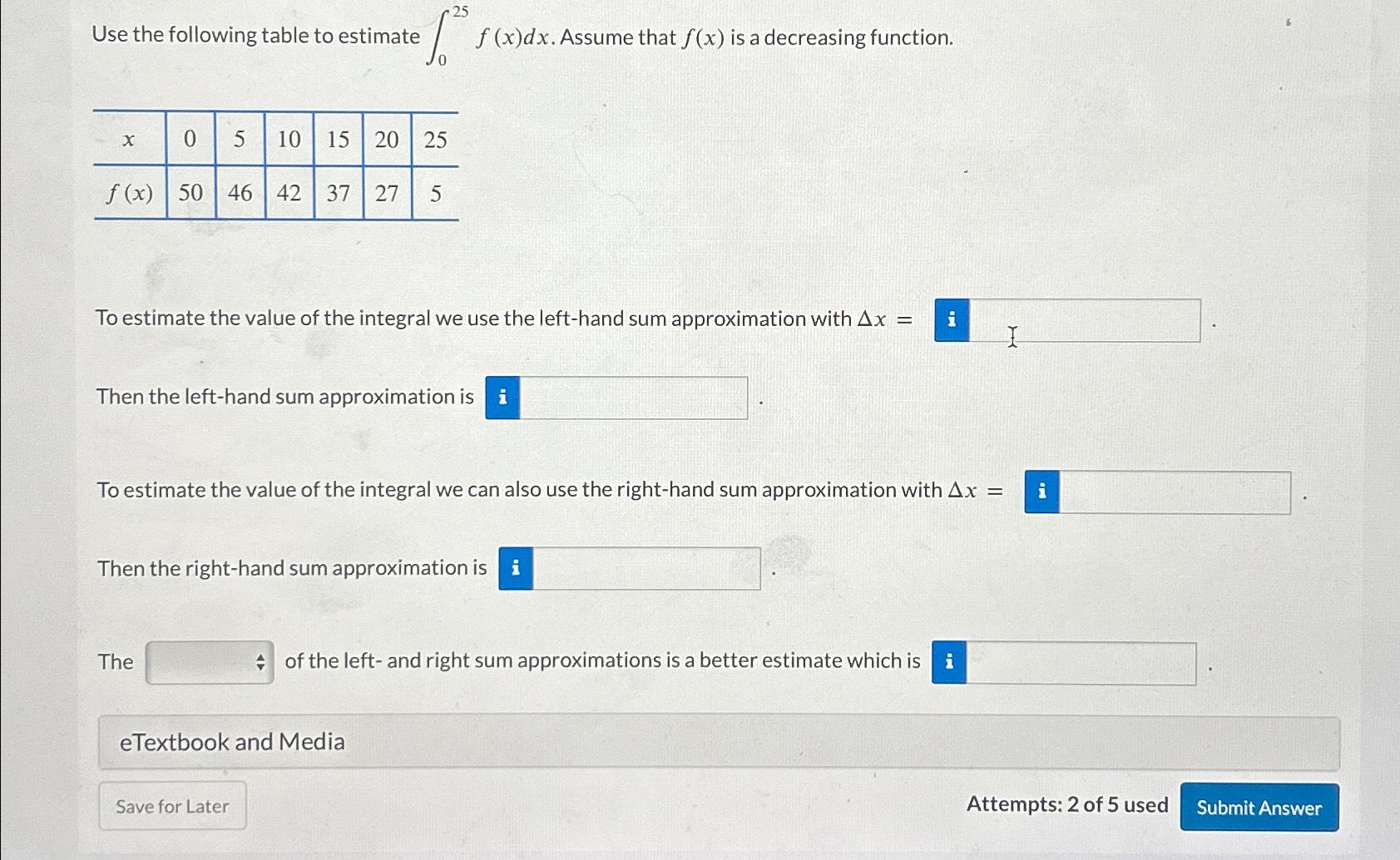Solved Use the following table to estimate ∫025f(x)dx. | Chegg.com