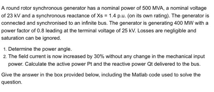 Solved A round rotor synchronous generator has a nominal | Chegg.com