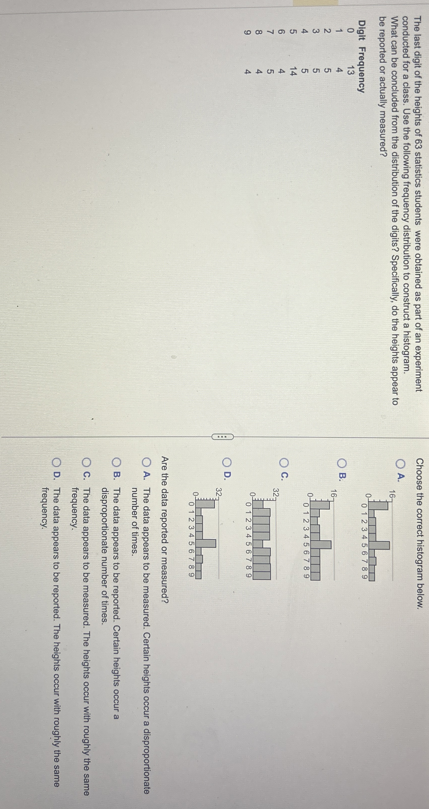 Solved The last digit of the heights of 63 ﻿statistics | Chegg.com