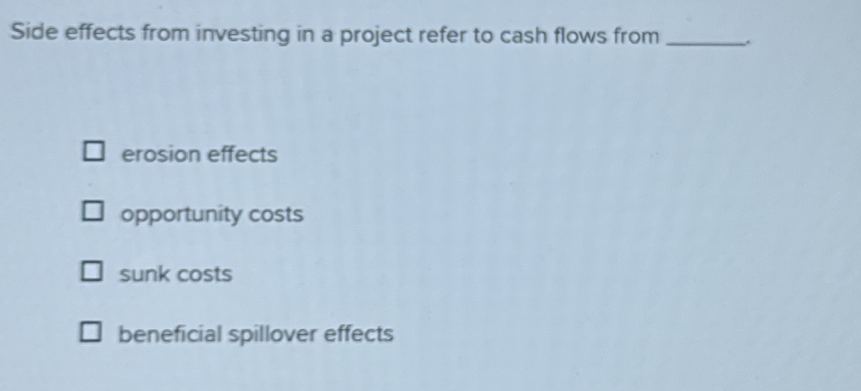 Solved Side effects from investing in a project refer to | Chegg.com