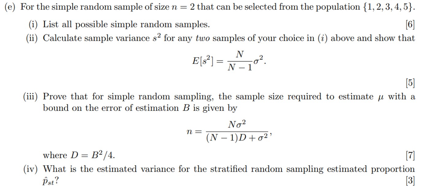 Solved (e) ﻿For the simple random sample of size n=2 ﻿that | Chegg.com