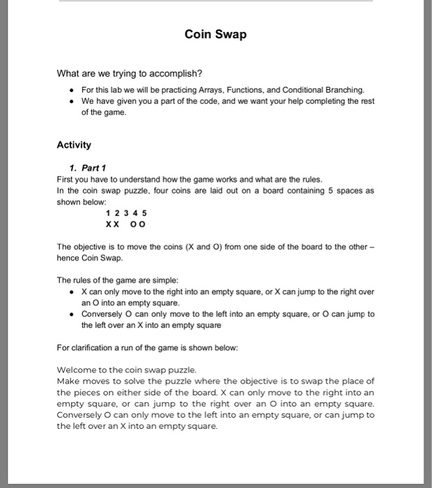 Coin Swap What are we trying to accomplish? For this | Chegg.com