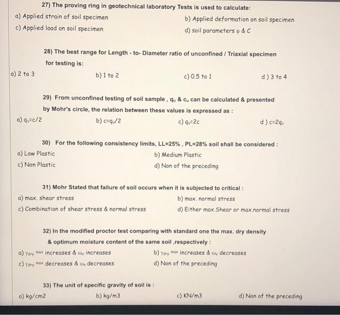 Solved 27) The proving ring in geotechnical laboratory Tests | Chegg.com