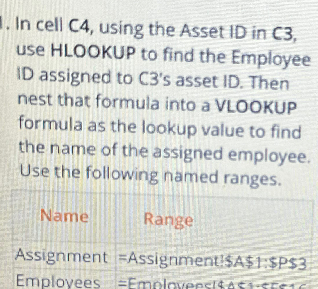 Solved In cell C4, ﻿using the Asset ID in C3, ﻿use HLOOKUP | Chegg.com
