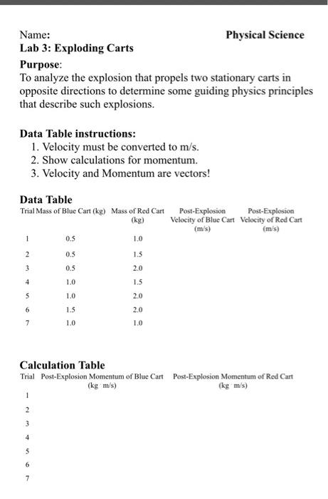 Solved Name: Physical Science Lab 3: Exploding Carts | Chegg.com