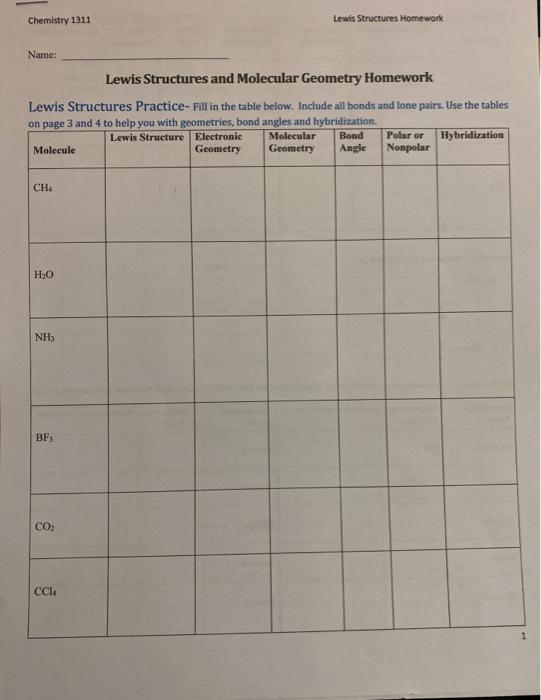 Solved Chemistry 1311 Lewis Structures Homework Name: Lewis | Chegg.com