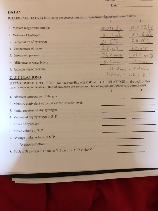 Date DATA: RECORD ALL DATA IN INK using the correct | Chegg.com
