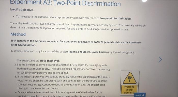 Solved Experiment A3: TWO-Point Discrimination Specific | Chegg.com