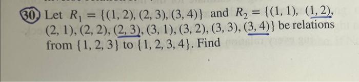 Solved (30.) Let R1={(1,2),(2,3),(3,4)} and R2={(1,1),(1,2), | Chegg.com