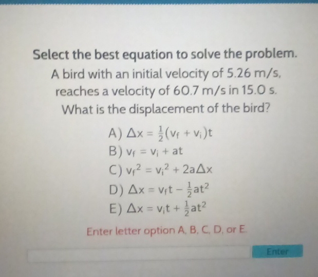 Solved Select the best equation to solve the problem.A bird | Chegg.com