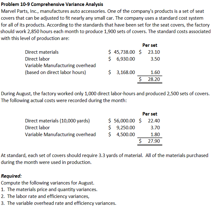 Solved Problem 10-9 ﻿Comprehensive Variance AnalysisMarvel | Chegg.com