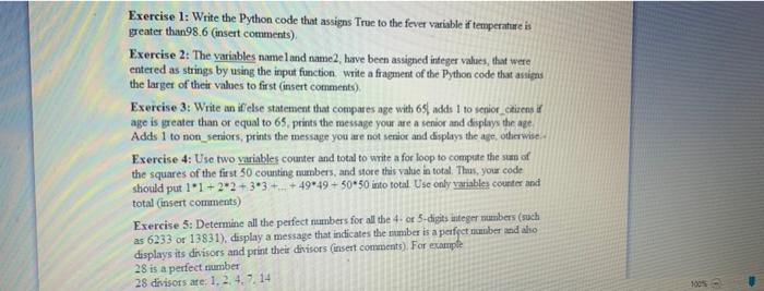 Solved Exercise 1: Write the Python code that assigns True | Chegg.com