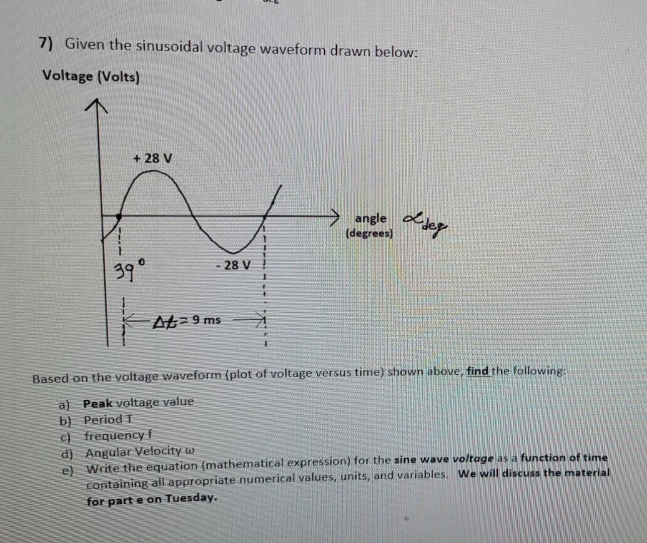 Solved 7) Given the sinusoidal voltage waveform drawn below: | Chegg.com