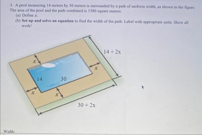 Solved 3. A pool measuring 14 meters by 30 meters is | Chegg.com