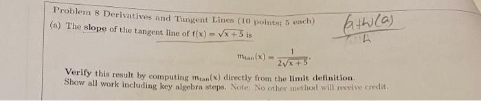 Solved Problem 8 Derivatives and Tangent Lines ( 10 points; | Chegg.com