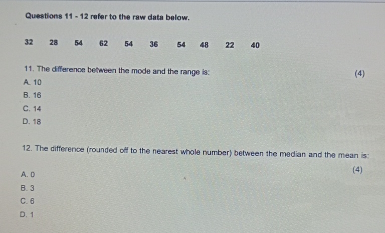 Solved Questions 11 - 12 ﻿refer to the raw data | Chegg.com