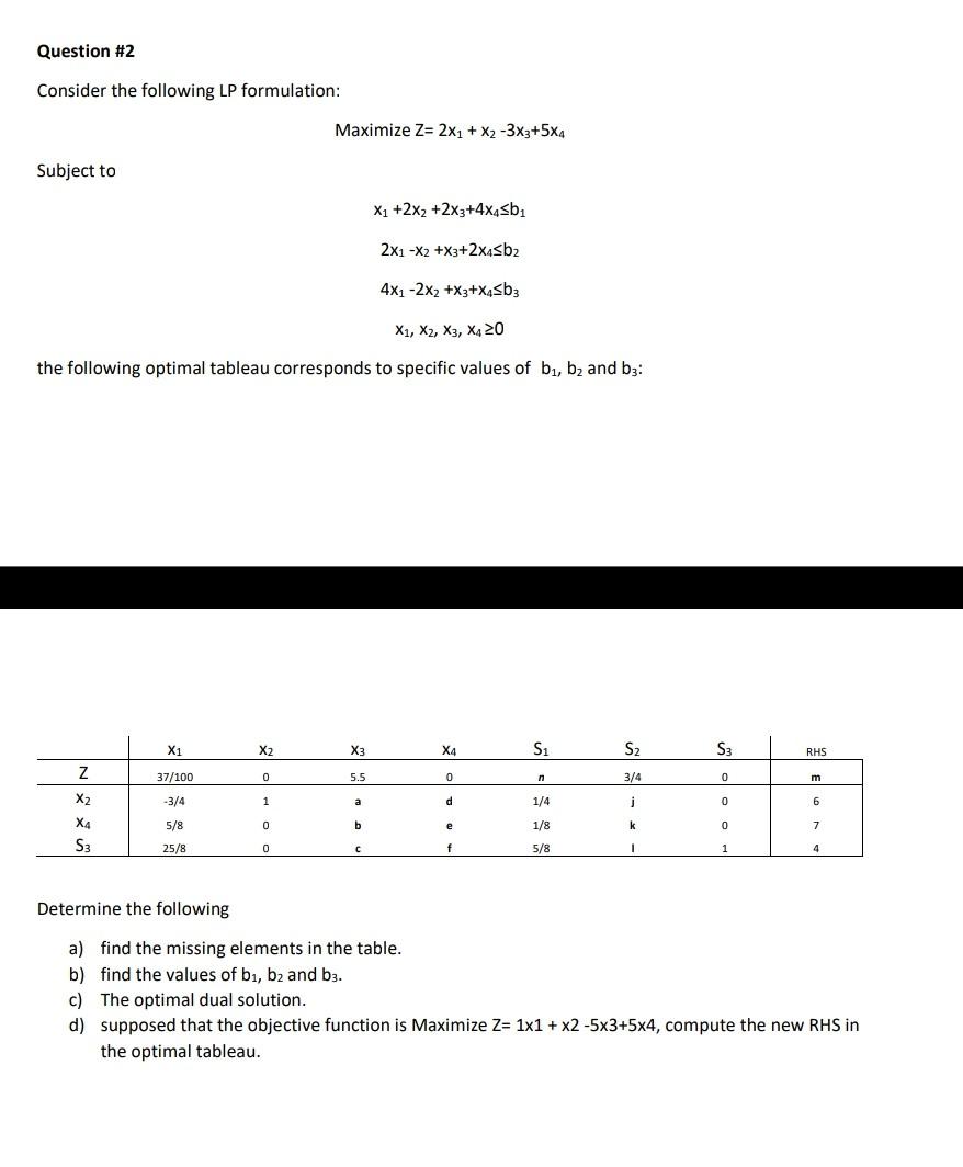 Solved Question #2 Consider the following LP formulation: | Chegg.com