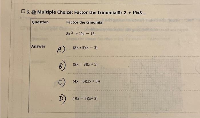 Solved 6. Multiple Choice: Factor the trinomial 8×2+19×&… | Chegg.com