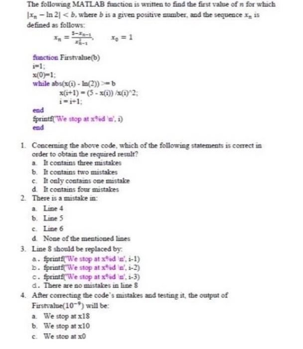 Solved The following MATLAB function is written to find the | Chegg.com