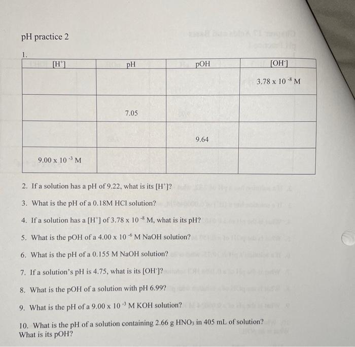 Solved pH practice 2 2. If a solution has a pH of 9.22, what | Chegg.com
