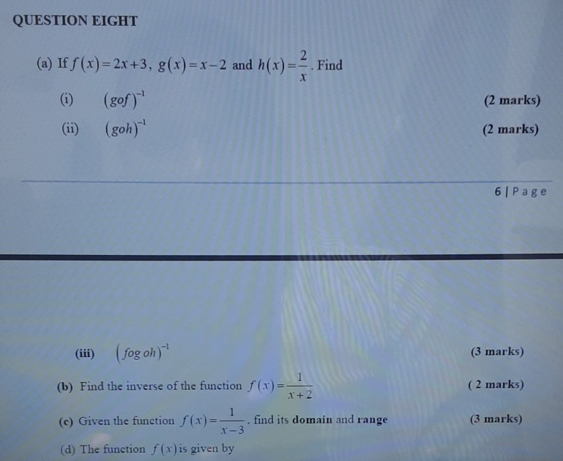 Solved QUESTION EIGHT 2 Find (a) If f(x)=2x+3, g(x)=x-2 and | Chegg.com