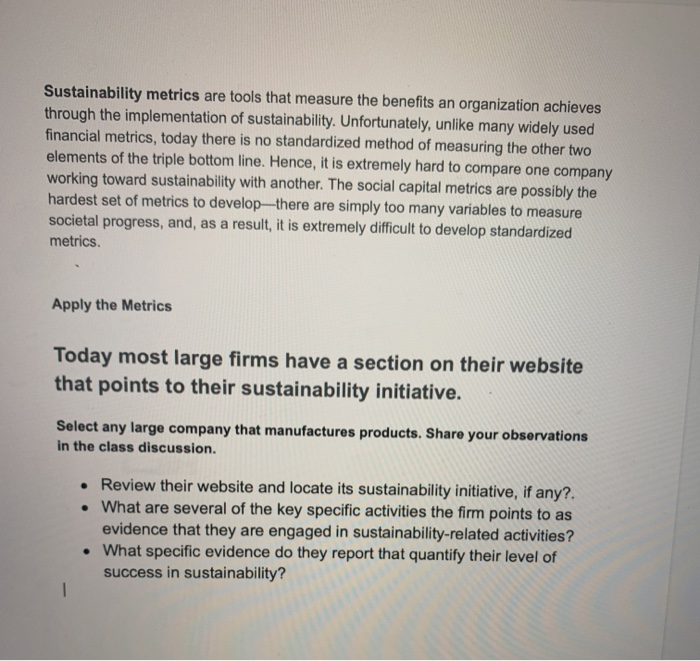 Solved Sustainability metrics are tools that measure the | Chegg.com