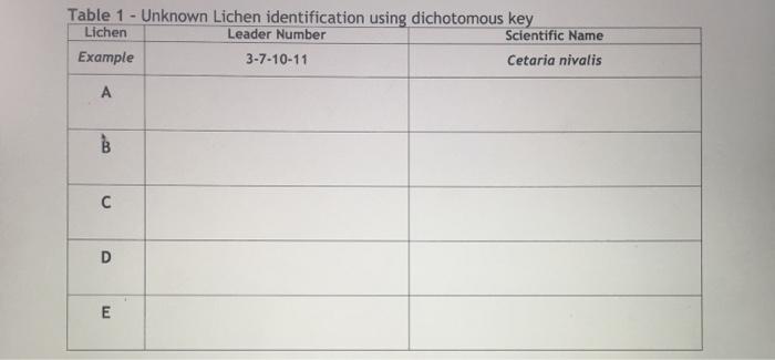 Solved Table 1 - Unknown Lichen identification using | Chegg.com