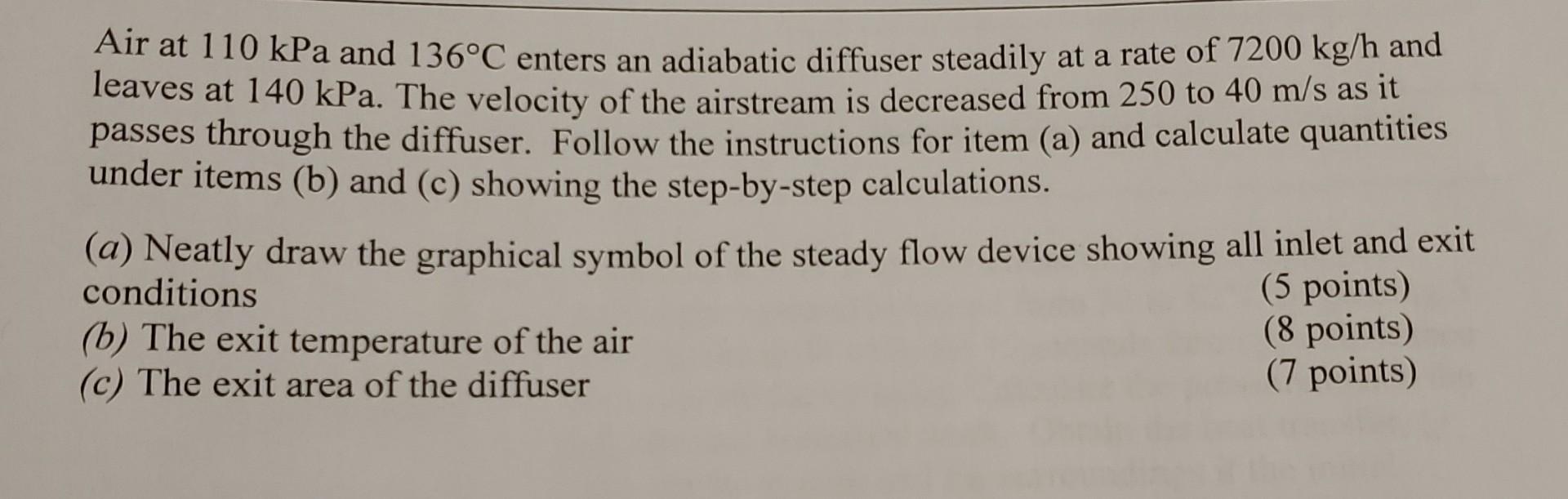 Solved Air at 110kPa and 136∘C enters an adiabatic diffuser | Chegg.com