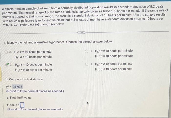 Solved A simple random sample of 47 men from a normally | Chegg.com