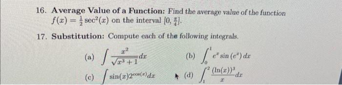 Solved 16. Average Value of a Function: Find the average | Chegg.com