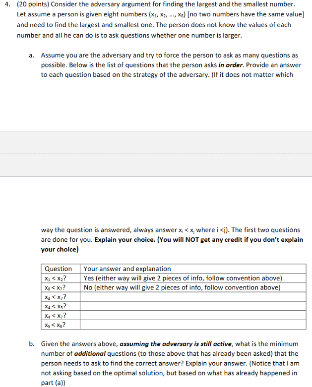 Solved 4. (20 ﻿points) ﻿Consider the adversary argument for | Chegg.com