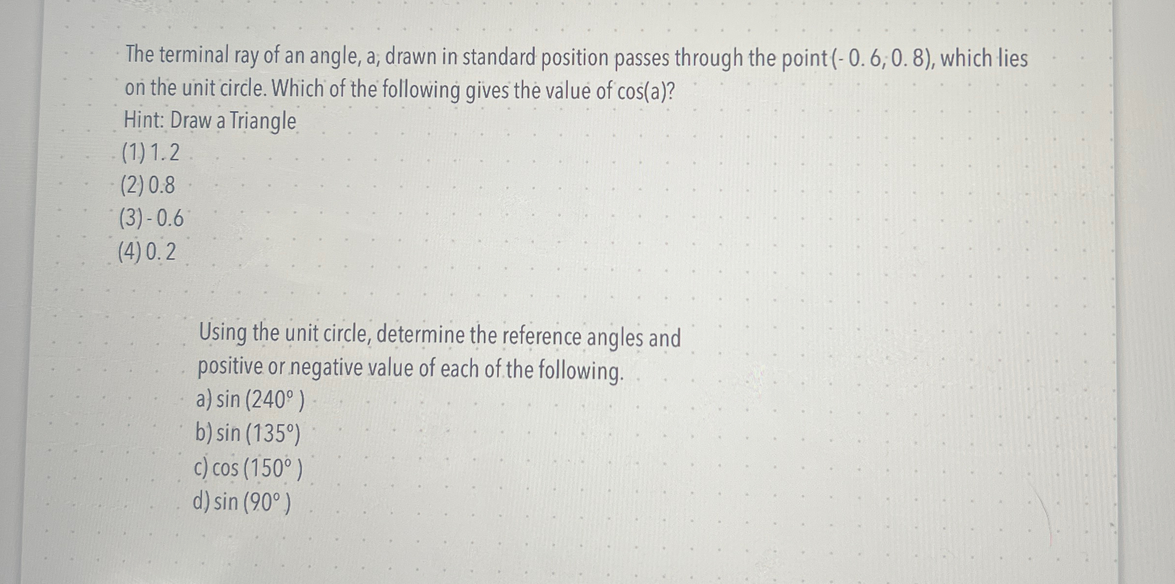 Solved The terminal ray of an angle, a, ﻿drawn in standard | Chegg.com