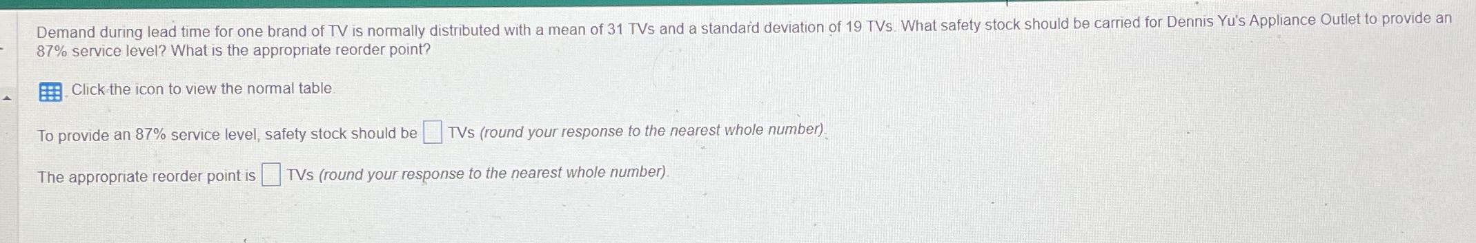 Solved 87% ﻿service level? What is the appropriate reorder | Chegg.com