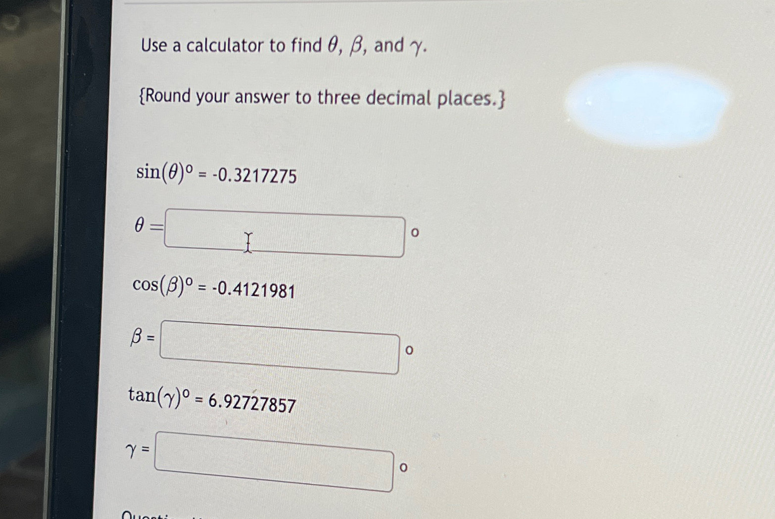 Solved Use a calculator to find θ,β, ﻿and γ.{Round your | Chegg.com