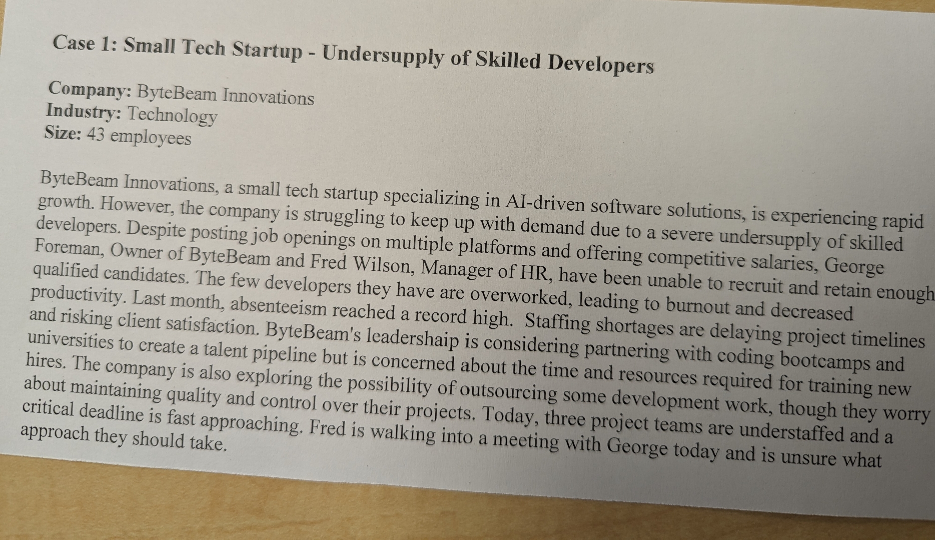 Solved Case 1: Small Tech Startup - ﻿Undersupply of Skilled | Chegg.com