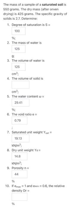 Solved The mass of a sample of a saturated soil is 550 | Chegg.com